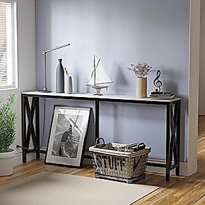 Aquzee Console Table with 2 Power Outlet and 2 USB Ports, 70.9" x 11.8" x 31.5" Steel Frame Narrow Behind Couch Sofa Table, Extra Long White Entryway Table