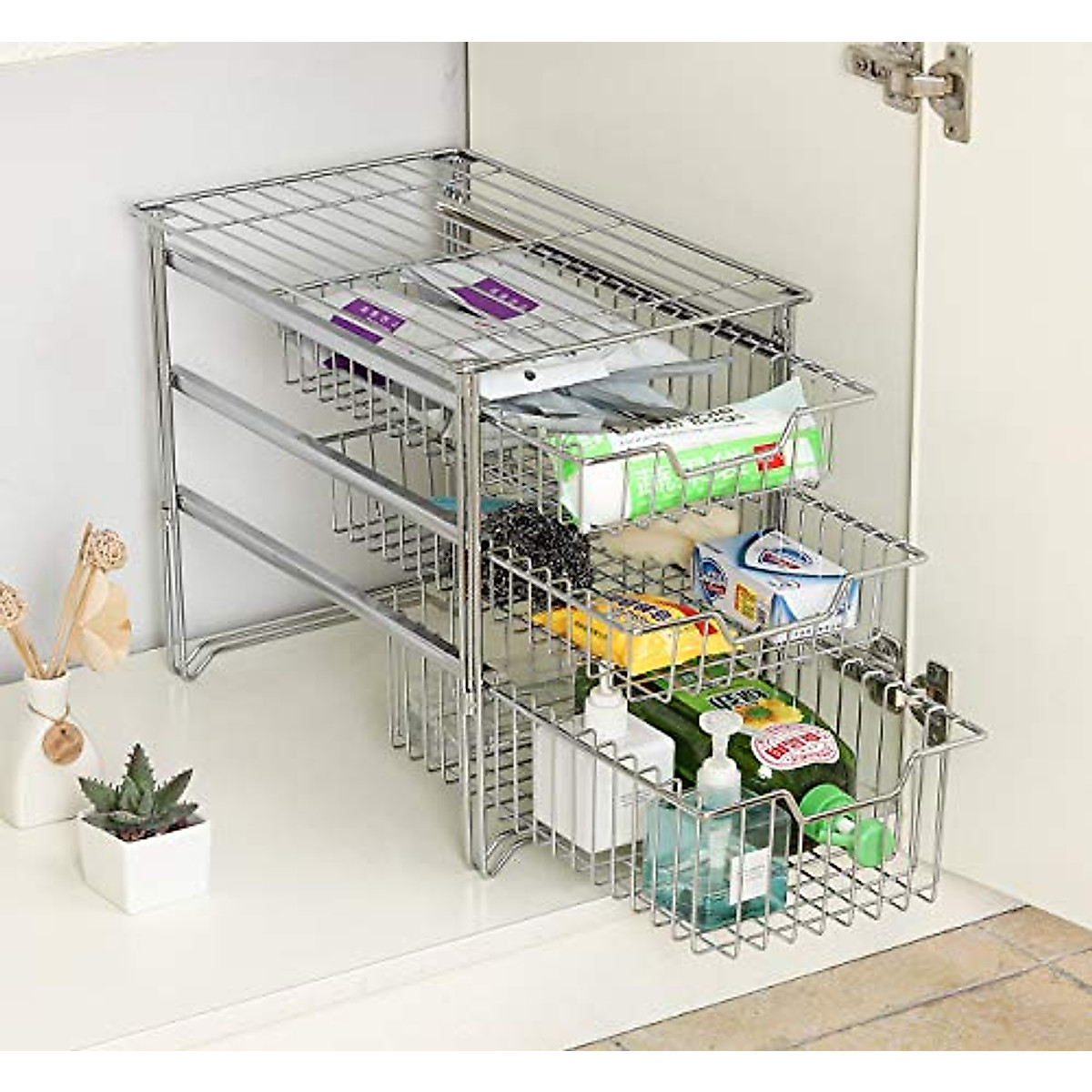TQVAI 3 Tier Under Sink Organizer Sliding Pull Out Shelves, Stackable Kitchen Cabinet Organizer with Drawer,