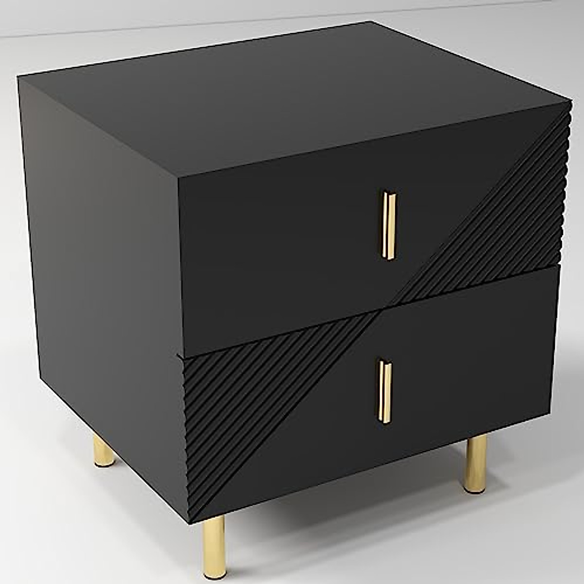 kudikt Black Nightstand with Drawer： Large Nightstand with 2 Drawers Wooden Nightstand for Bedroom Nightstands Black with Gold Adjustable Legs