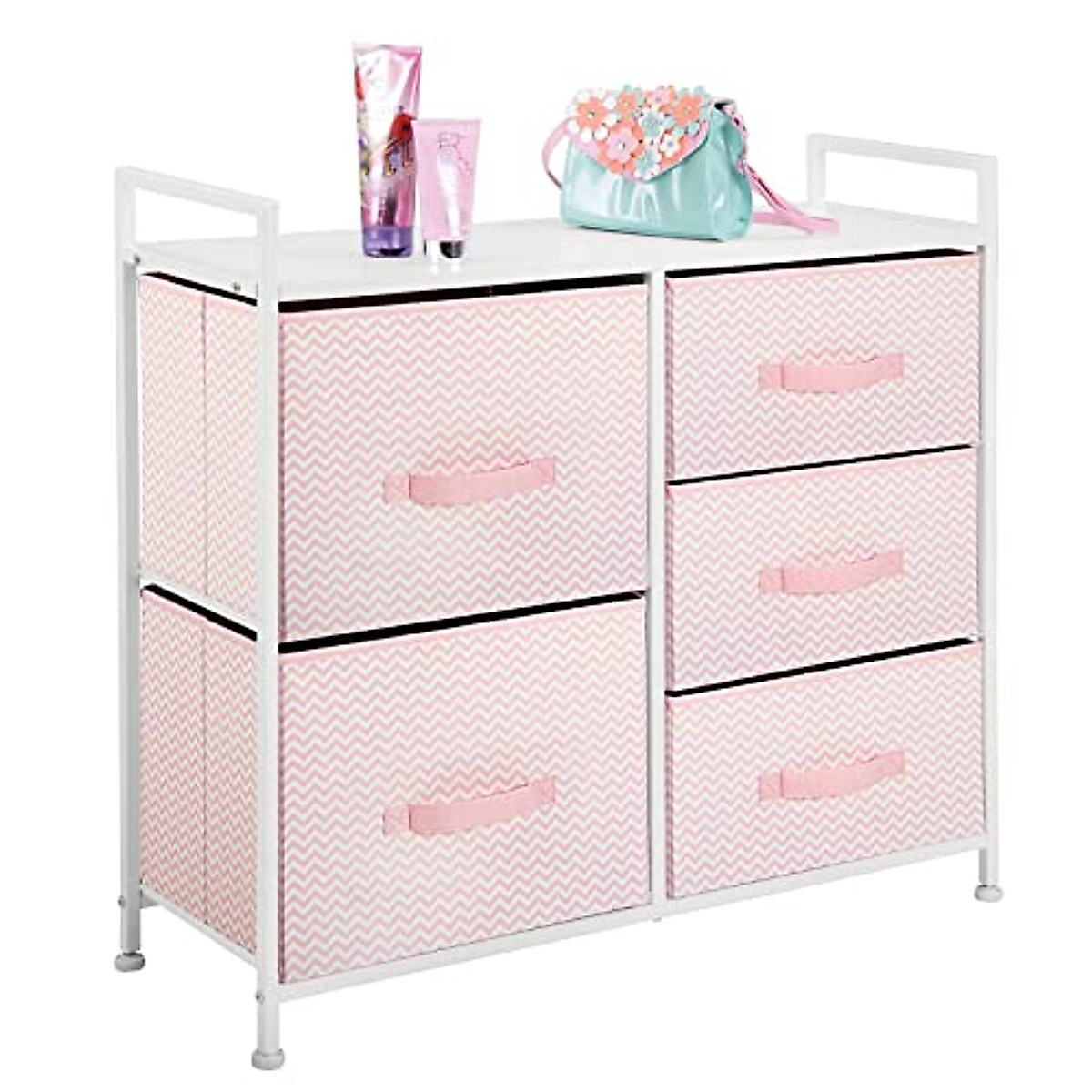 mDesign 30.03" High Steel Frame/Wood Top Storage Dresser Furniture Unit with 5 Removable Fabric Drawers - Tall Bureau Organizer for Bedroom, Living Room, Closet - Spira Collection - Pink/White