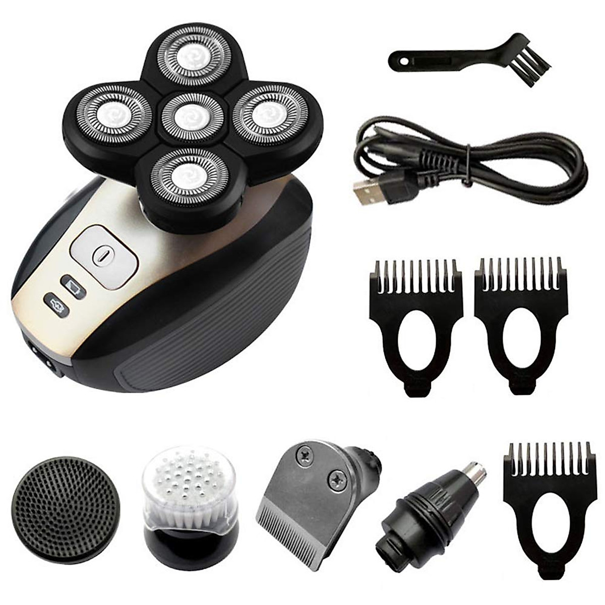 Men's 5-in-1 Electric Rotary Shaver, 5D Wet Dry Bald Head Grooming Kit/Five-Headed Beard Hair Razor, Cordless and Rechargeable with Beard/Nose Hair Trimmer, Hair Clipper, Facial Cleansing Brush