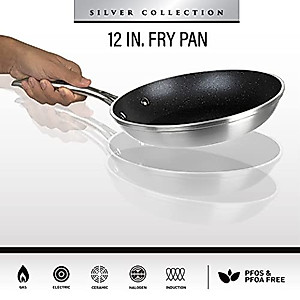 Granitestone Nonstick 12" Fry Pan-Hard Anodized Aluminum-Ultra Durable Coating with Brushed Exterior Silver-100% PFOA Free-Dishwasher & Oven Safe