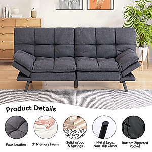 AMICLIBER Futon Sofa Bed Couch,Memory Foam Convertible Futon Couch,Linen Fabric Loveseat Sleeper Sofa Bed,Small Splitback Modern Sofa Bed for Living Room,Office,Apartment,Deep Grey