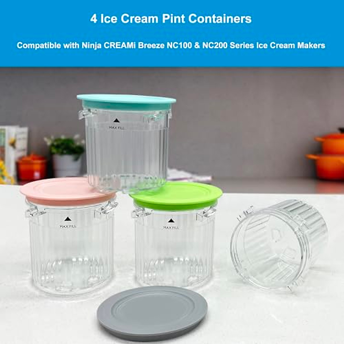 CUTIECLUB 4 Ice Cream Pint Containers and Lids for Ninja CREAMi Breeze NC100 & NC200 Series CREAMi Ice Cream Makers, and Stainless Steel Ice Cream Scooper with Trigger Release Set