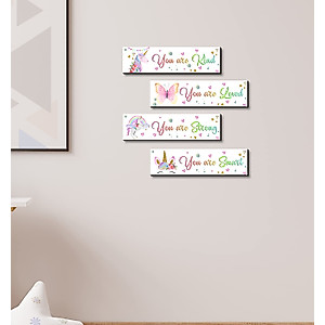 4 Pieces Girl Unicorn Decor Wooden Hanging Wall Plaques, Wall Art Inspirational Quotes, Wood Unicorn Hanging Plaque Bedroom Decorations for girl Baby Toddler Kids Teen