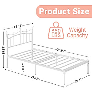 Weehom Twin Bed Frames with Headboard, Elegant Princess Bed for Girls Heavy Duty Metal Platform Bed Easy Assembly Under Bed Storage Space No Box Spring Needed Twin Size Bed for Kids Adults, White