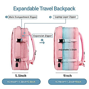 Victoriatourist Travel Laptop Backpack, Extra Large 35L Expandable Carry On Backpack for Women Men with USB Charging Port, Water Resistant Luggage Computer Backpacks Bag Fits 15.6 Inch Notebook, Pink