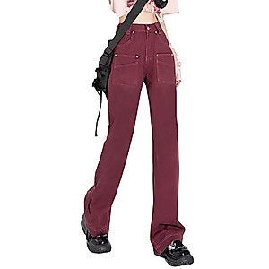 LONGYIDA Women's High Waisted Baggy Jeans Stretchy Wide Leg Straight Jeans Y2K Boyfriend Relaxed Fit Denim Pants Trousers(Red,XL)