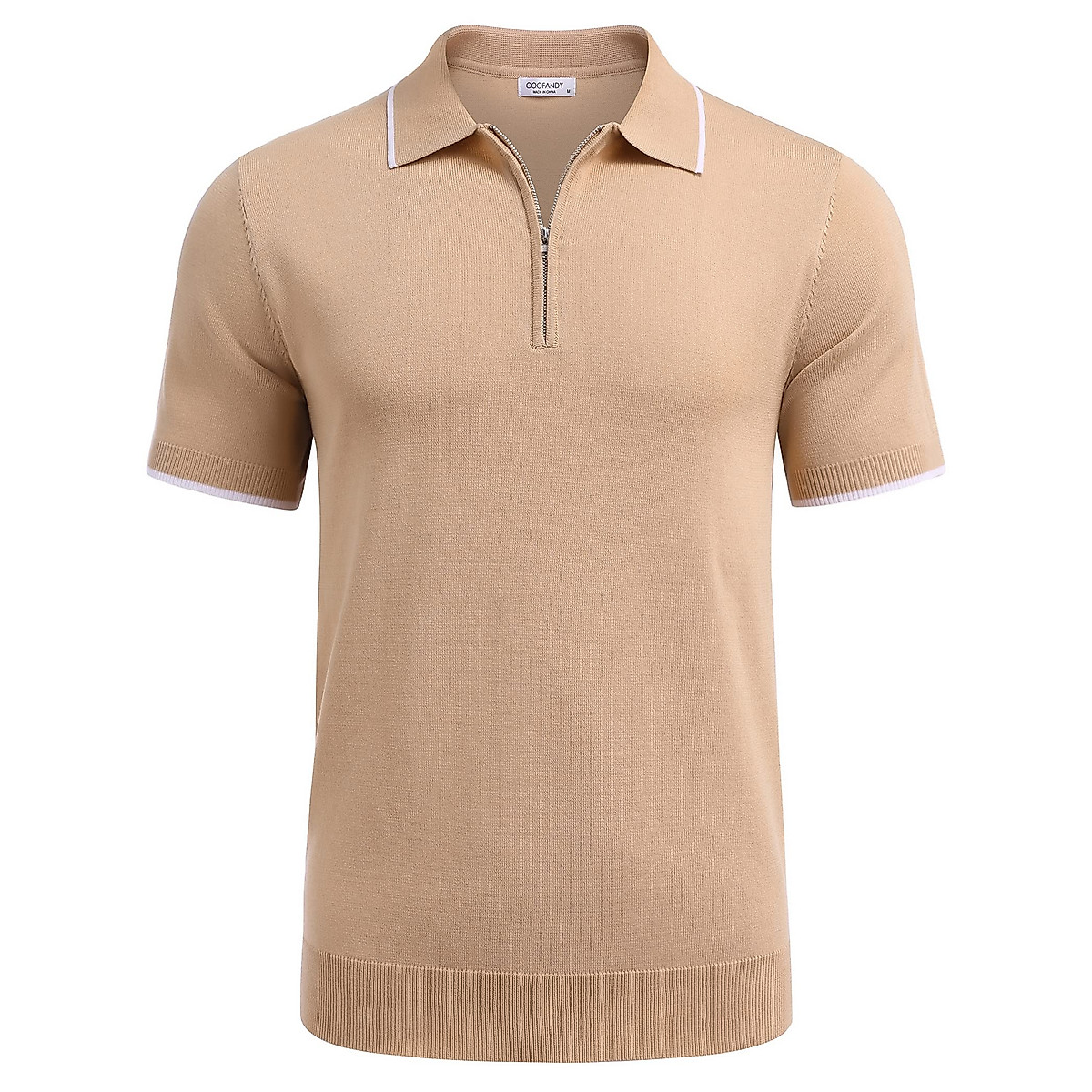COOFANDY Mens Polo T Shirt Stripe Stretch Casual Quarter Zip Pique T Quick Dry, Light Tan, XX-Large, Short Sleeve