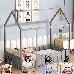 Harper & Bright Designs Twin House Bed Frame for Kids, Montessori Floor Bed Twin with Fence-Shaped Rails, Wood Twin Floor Bed Frames for Girls, Boys(Twin,Grey)