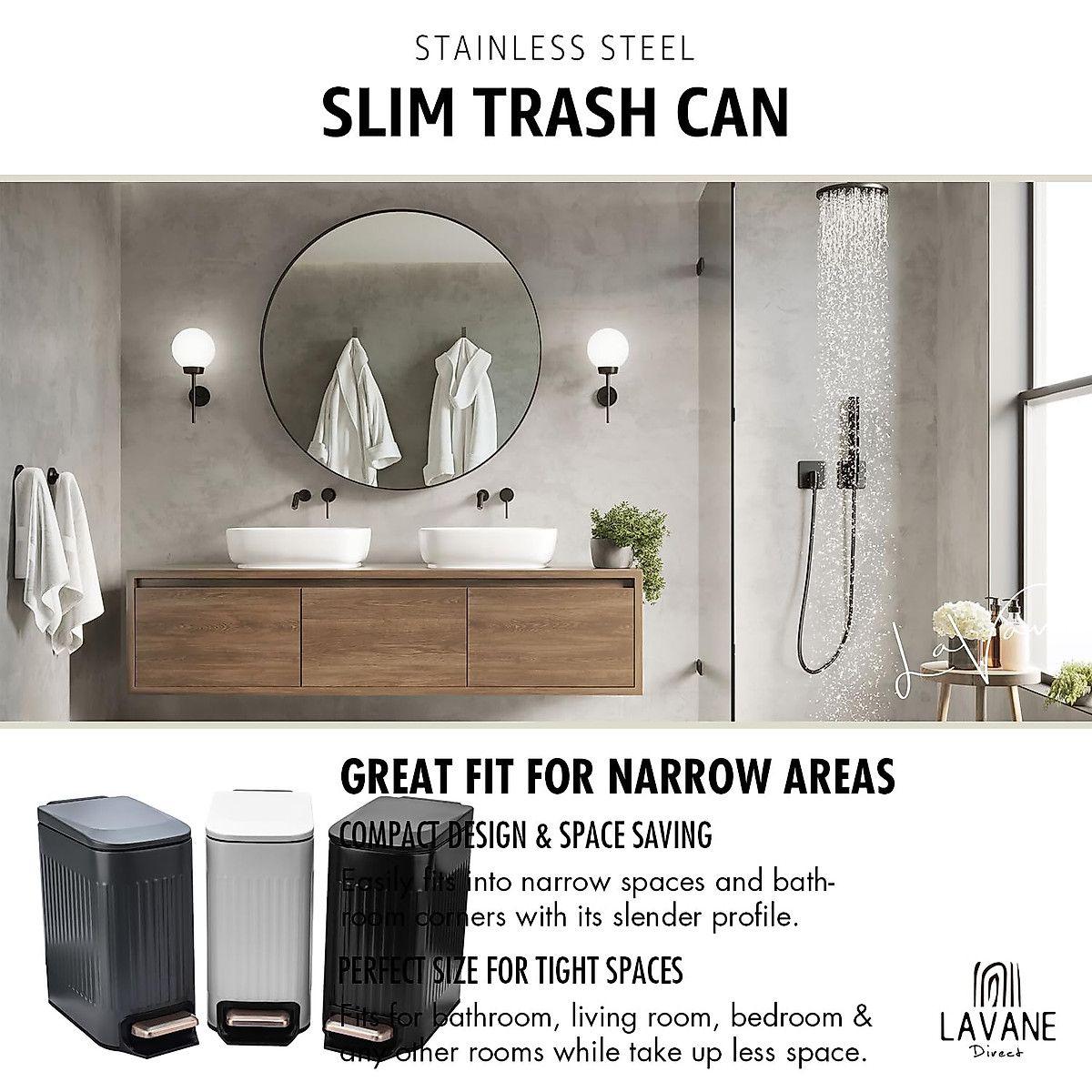 La Vane 6 Liter / 1.6 Gallon Slim Bathroom Trash Can with Lid Soft Close, Stainless Steel Small Grey Garbage Can with Removable Inner Bucket & Step Pedal for Toilet Kitchen Laundry Bedroom Hotel