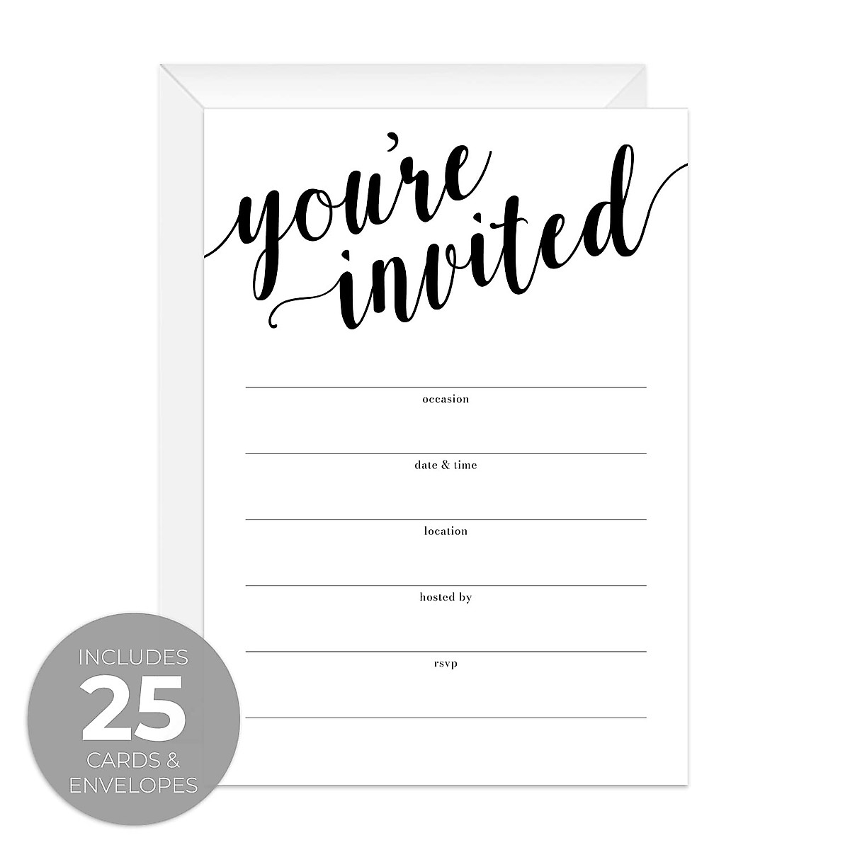 Canopy Street Black And White All Occasion Script Invitations / 25 Fill In General Use Invites / 5" x 7" Flat Modern Shower Party Or Event Invitation/Made In The USA