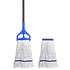Loop-End String Mop Heavy Duty Commercial Industrial Mops with 2 Extra Mop Heads Replacement, 59 Inch Cotton Wet Mop for Floor Cleaning