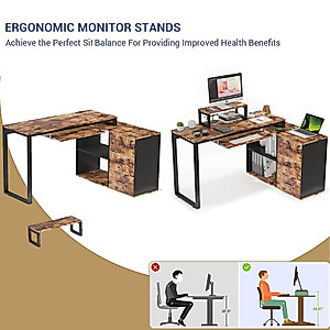 Hsozptry L Shaped Desk with Power Outlet & Drawers, Reversible Corner Computer Desk with Keyboard Tray, Monitor Stand & Storage Shelve, Large Home Office Desk, Rustic Brown