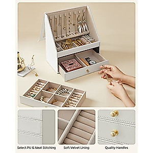 SONGMICS Jewelry Box with Slanted Glass Window, 3-Layer Jewelry Organizer, 2 Drawers, Jewelry Storage, Modern Style, Window Display, Cloud White UJBC163W01