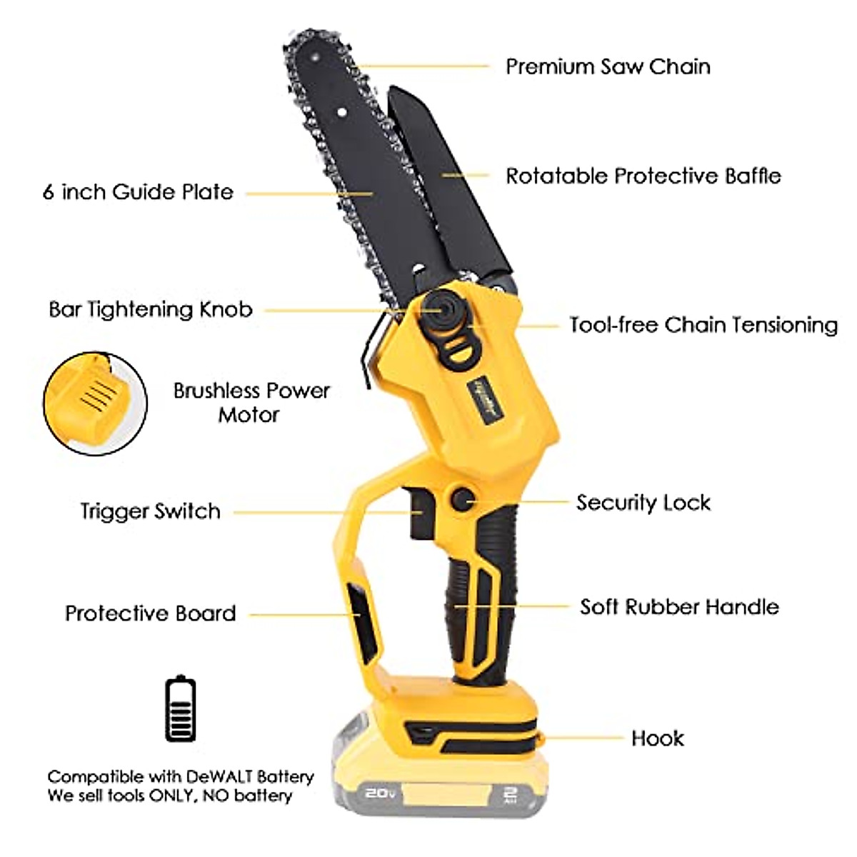 Mellif Mini Chainsaw 6-Inch for Dewalt 20V MAX Battery, Cordless Power Chain Saw with Security Lock, Brushless Handheld Electric Chainsaw for Wood Cutting Tree Trimming (Battery Not Included)
