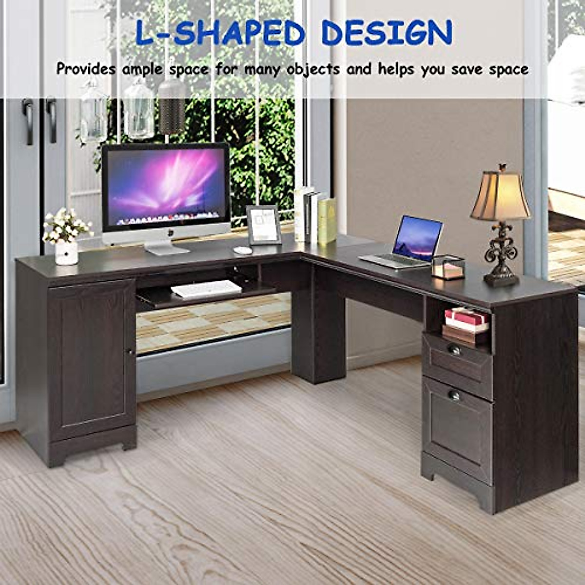 GOFLAME 66" Modern L-Shaped Desk with Drawers, PC Laptop Corner Table Workstation, Space Saving Computer Desk with Spacious Surface, Writing Table Home Office Computer Desk (Coffee)