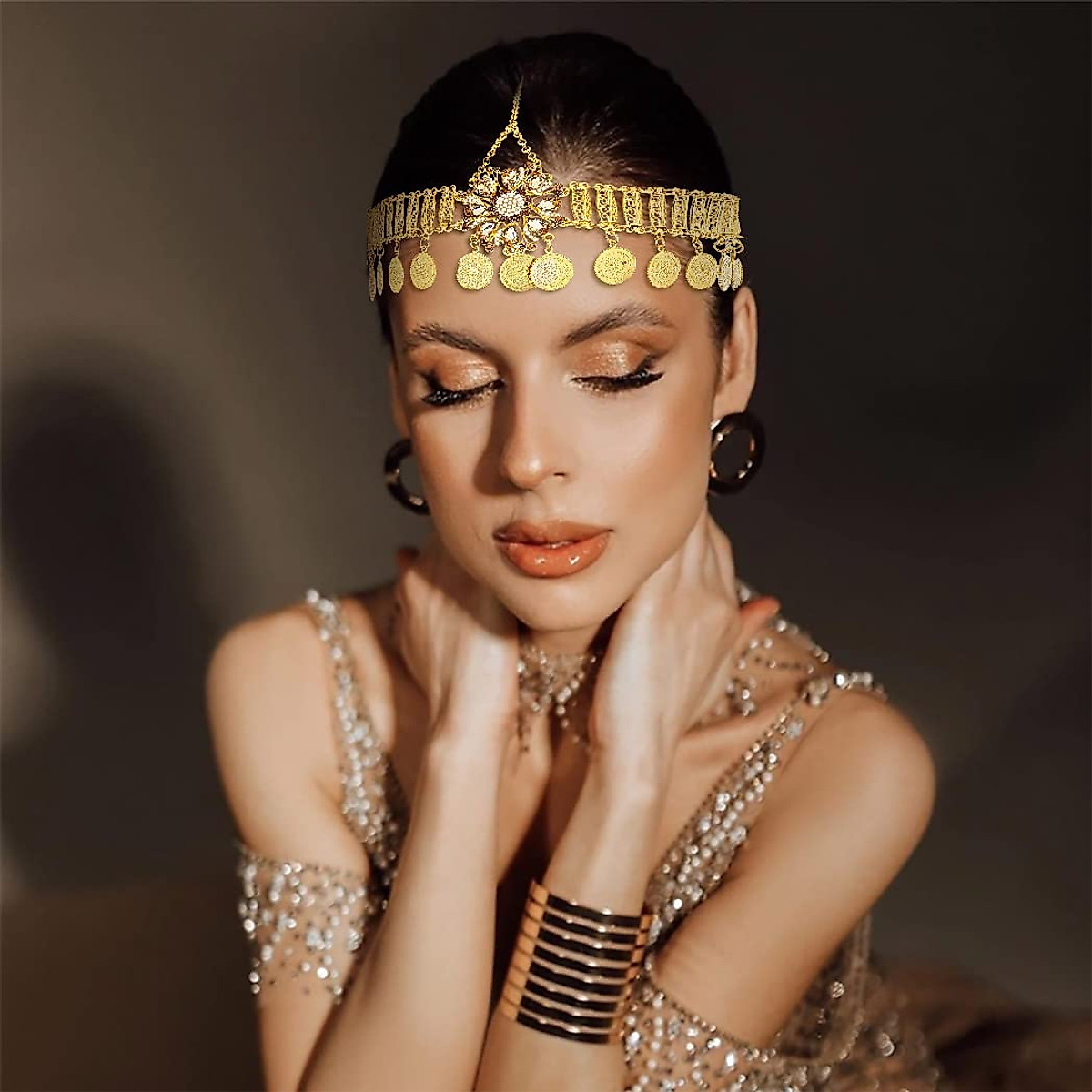 Woeoe Crystals Head Chain Jewelry Gold Retro Headpiece Coin Boho Vintage Belly Dance Prom Costume Hair Chains Accessories for Women