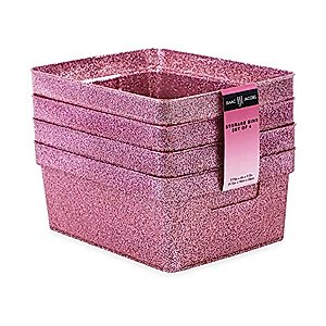 Isaac Jacobs Small Glitter Storage Bin (10” x 7.5” x 4.25”) Set w/Cut-Out Handles, Plastic Organizer, Multi-Functional, Home Storage Solution, Kids Playroom, Bedroom, Closet (4, Pink)