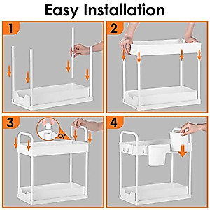 Under Sink Organizer, 2 Tier Sliding Bathroom Organizer Cabinet Storage with Hooks, Hanging Cups, Handles, Multi-purpose Under Sink Shelf Organizer for Bathroom Kitchen(1 Pack)