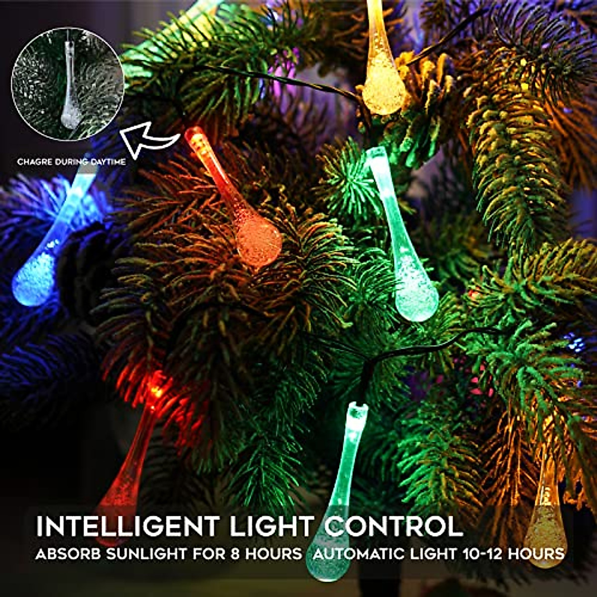 suddus 2 Pack 30 LED Solar String Lights Outdoor Waterproof, Water Drop Solar Lights with 8 Modes, Solar Party Lights Outdoor