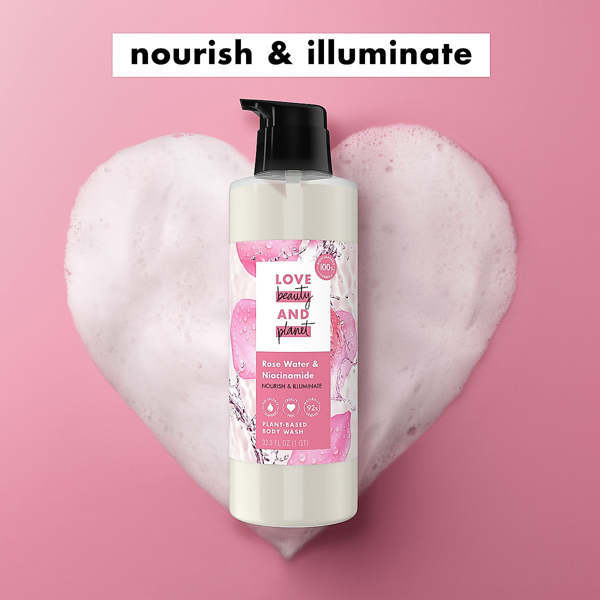 Love Beauty and Planet Plant-Based Body Wash Nourish and Illuminate Skin Rose Water and Niacinamide Made with Plant-Based Cleansers and Skin Care Ingredients 32.3 fl oz