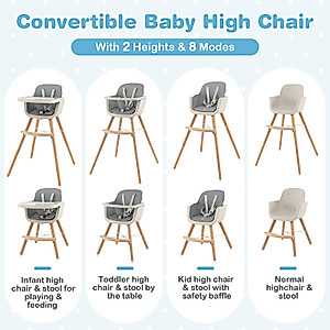 HONEY JOY High Chair, 3-in-1 Eat & Grow Wooden Highchair/Toddler Chair with Removable Tray, 5-Point Harness, PU Cushion and Footrest for Baby, High Chair for Babies and Toddlers(Gray)