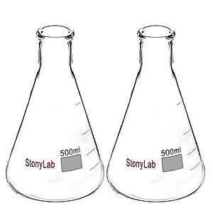 stonylab 2-Pack Glass 500ml Heavy Wall Narrow Mouth Erlenmeyer Flasks with Heavy Duty Rim (500ml Fits with stonylab 7# Rubber Stopper)