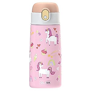 GLINK Kids Insulated Water Bottle with Straw for School, Cute Stainless Steel with Auto Flip Lid Water Bottle for Kids, Children, Boys, Girls (14oz, Unicorn-Pink)