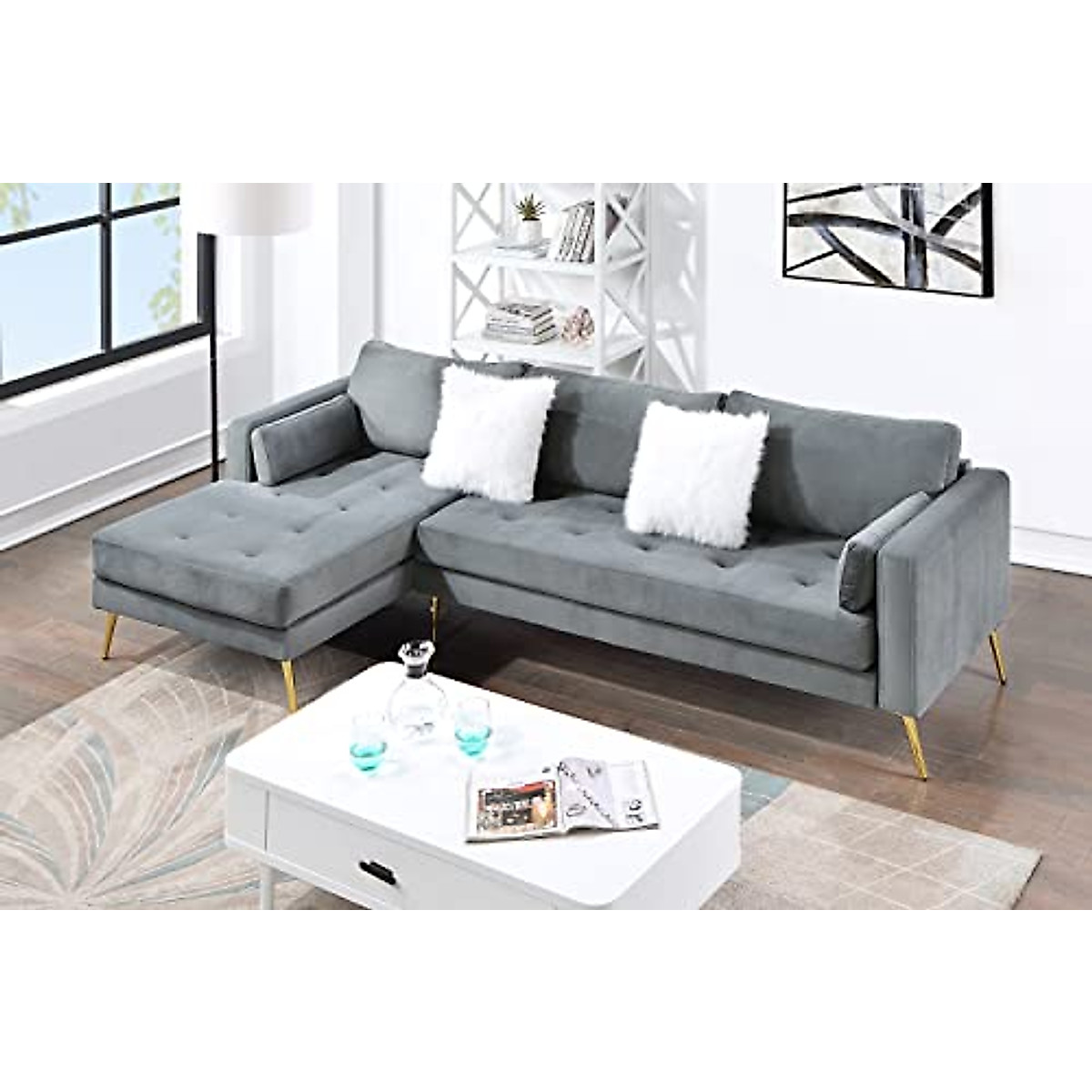 P PURLOVE Sectional Sofa Couch, L-Shape Upholstered Couch with Two Grey Pillows(Not Include White Pillows) for Living Room Home Furniture, Grey
