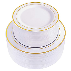 WDF 120 pieces Gold Disposable Plastic Plates - White and Gold Plates Include 10.25" Dinner Plates & 7.5" Salad Plates for Weddings and Party