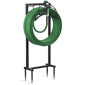 Garden Hose Holder for Outside, Upgraded Freestanding Water Hose Holder with 4 Spikes, Heavy Duty rustproof Metal Garden Hose Storage Stand for Outside, Black