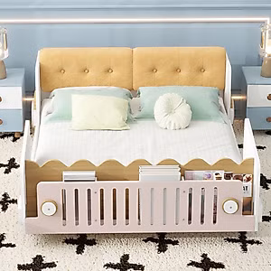 Yehha Full Size Platform Bed w/Upholstered Headboard & Storage Shelves Footboard, Wooden Bedframe with Wheels & Headlights for Kids, White