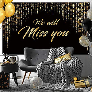 Luxiocio We Will Miss You Banner Decorations, Extra Large Going Away Party Backdrop Supplies, Black Gold Farewell Party Retirement Graduation Office Work Party Poster Photo Booth(6 x 3.6ft)