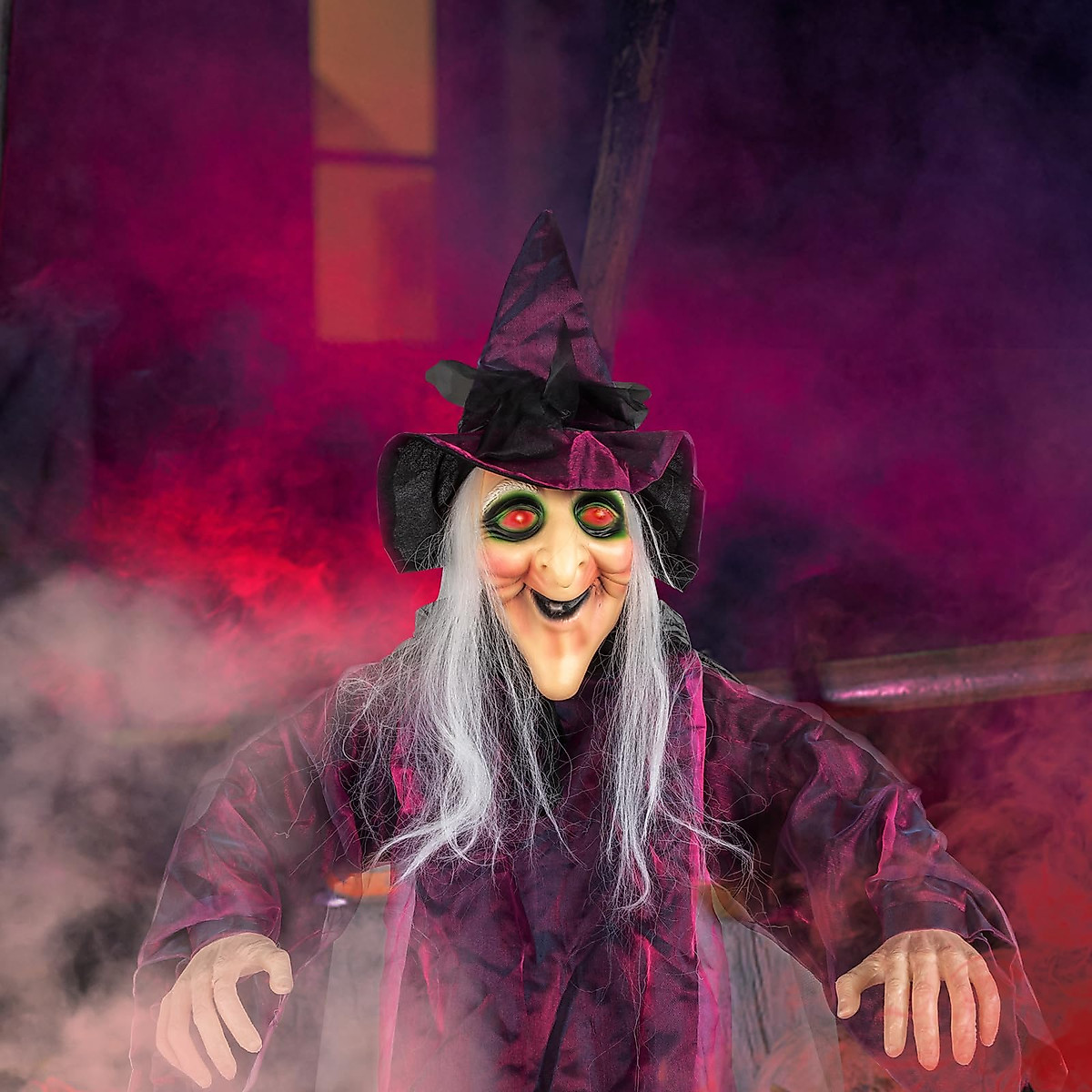 72" Halloween Decorations Outdoor,Hanging Animated Talking Witch Decoration with Light-up Eyes and Sound Activation Function for Halloween Haunted House Prop Everyday Décor Lawn Decor