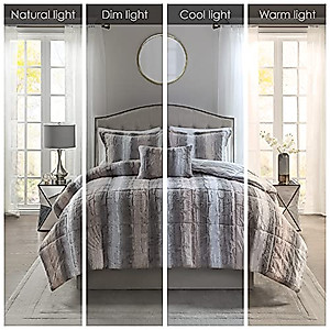 Madison Park Zuri Soft Plush Comforter Set, Faux Fur Animal Stripes Design, Faux Mink On The Reverse, Modern All Season Bedding Set with Matching Sham, Full/Queen, Blush/Grey 4 Piece