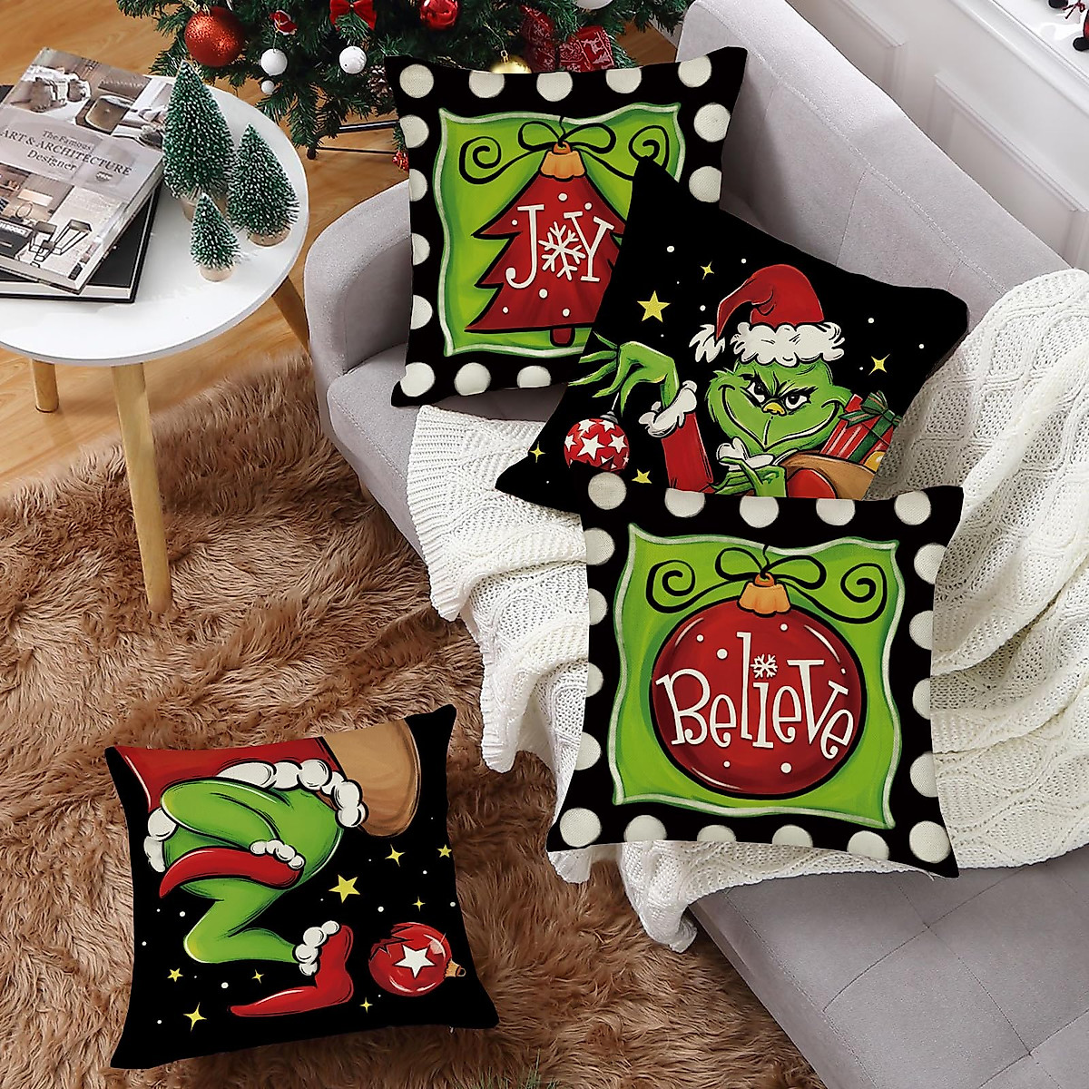 Fahrendom Merry Christmas Decorative Throw Pillow Covers 18 x 18 Set of 4, Xmas Pine Tree Ornament Joy Believe Porch Outdoor Pillowcase, Black Green Polka Dot Winter Holiday Cushion Case Home Decor