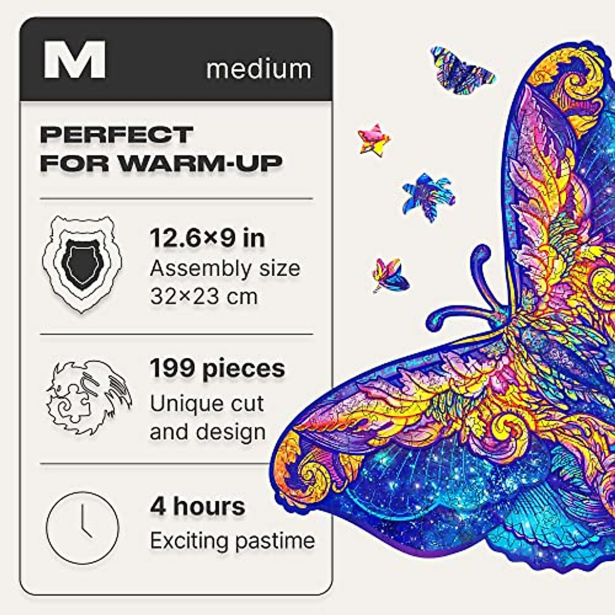UNIDRAGON Wooden Jigsaw Puzzles - Intergalaxy Butterfly, 199 pcs, Medium 12.6"x9", Beautiful Gift Package, Unique Shape Best Gift for Adults and Kids