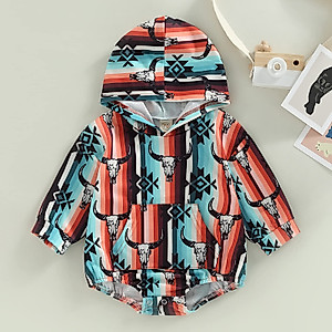 Baby Boy Girl Hoodie Sweatshirt Romper Cow Print Long Sleeve Oversized Bodysuit Tops Western Cowboy Fall Winter Outfit (Brown Blue, 12-18 Months)