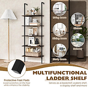 Tangkula 5-Tier Bookshelf, Modern Wall Mounted Ladder Shelf, 5 Tiers Wood Wall Open Bookcase with Metal Frame, Home Office Display Storage Shelves for Collection, Plant Flower Stand (1, Brown)