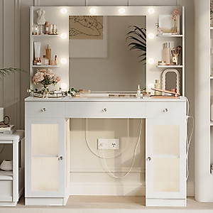 IFSEB Makeup Vanity with Glass Top, White Vanity Desk with Mirror and Lights, Big Vanity with Drawers & Cabinets for Bedroom, Cute Vanity with Crystal Knobs & Power Outlet for Women, Girls
