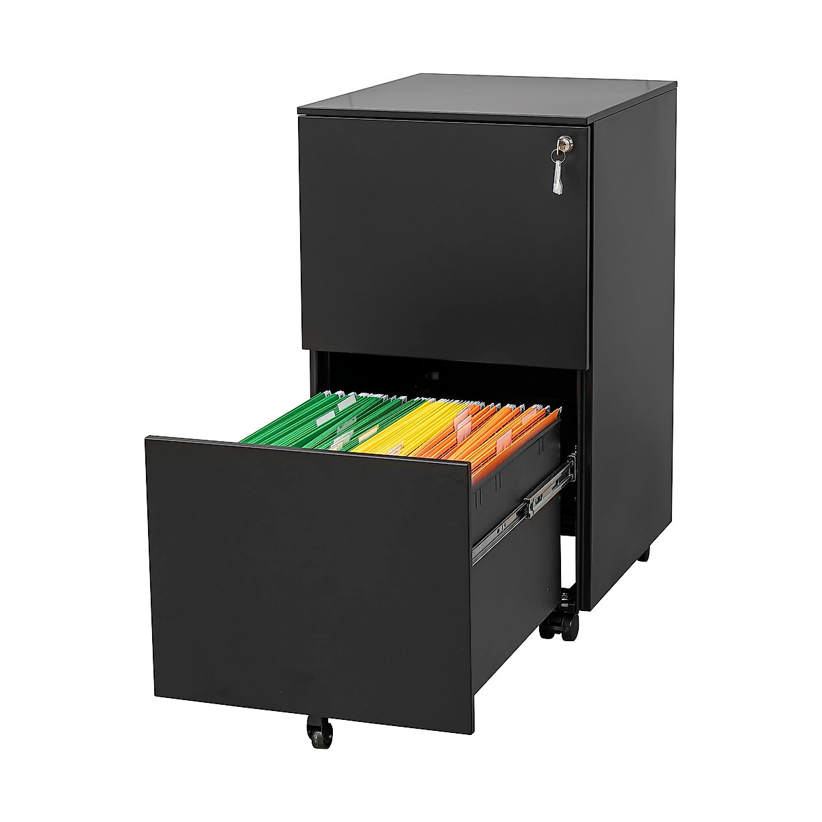 LVSTEEL Modern Black Rolling File Cabinet, Fully Assembled, 27.2"H x 15.3"W x 17.72"D, 2 Drawers, Lockable, Wheeled, Rust Resistant, Home Office