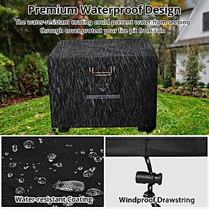 QH.HOME Fire Pit Cover Square Super Waterproof, 44" L x 44" W x 24" H Outdoor Firepit Table Cover 600D Strong Tear Resistant, UPF 50+ Fire Pit Cover Fading Resistant for Square Fire Pit - Black