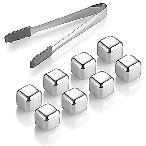 Set of 8 Whiskey Stones, Reusable Ice Cubes, Beverage Chilling Rocks, Premium Stainless Steel Gifts For Men, Dad, Christmas, Includes Storage Tray and Silicone Tip Tongs.