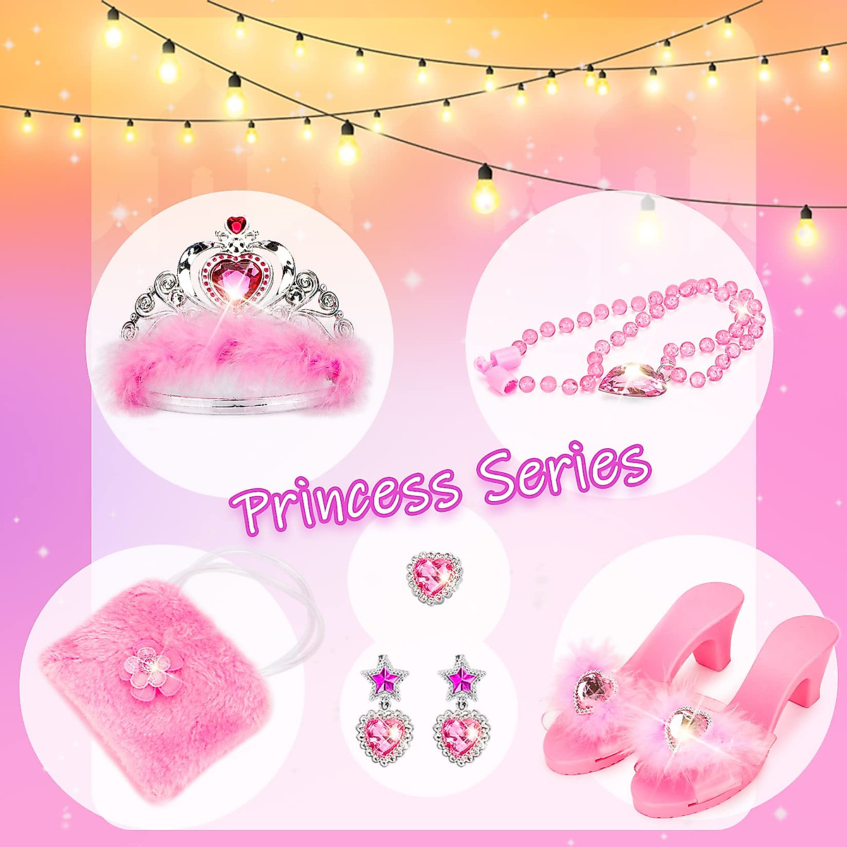 Princess Shoes and Girls Purse Jewelry Toys, Princess Dress Up Clothes for Little Girls, Toddler Dress Up Shoes, Crown Necklace Earrings, Ring, Girls Toys for Little Girls 3,4,5Years Old Pink