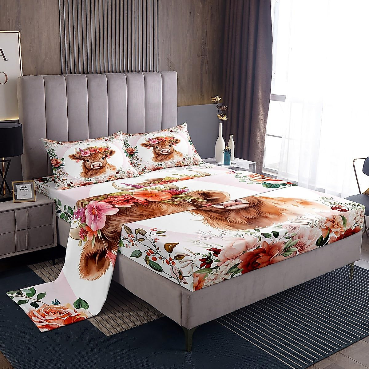 Feelyou Cute Highland Cow Sheet Set Twin Size Kids Cartoon Animal Sheets with Deep Pocket Fitted Sheet for Boys Girls Teens Flower Floral Print Bed Sheets Set Farm Zoo Garden Theme Bedding Set