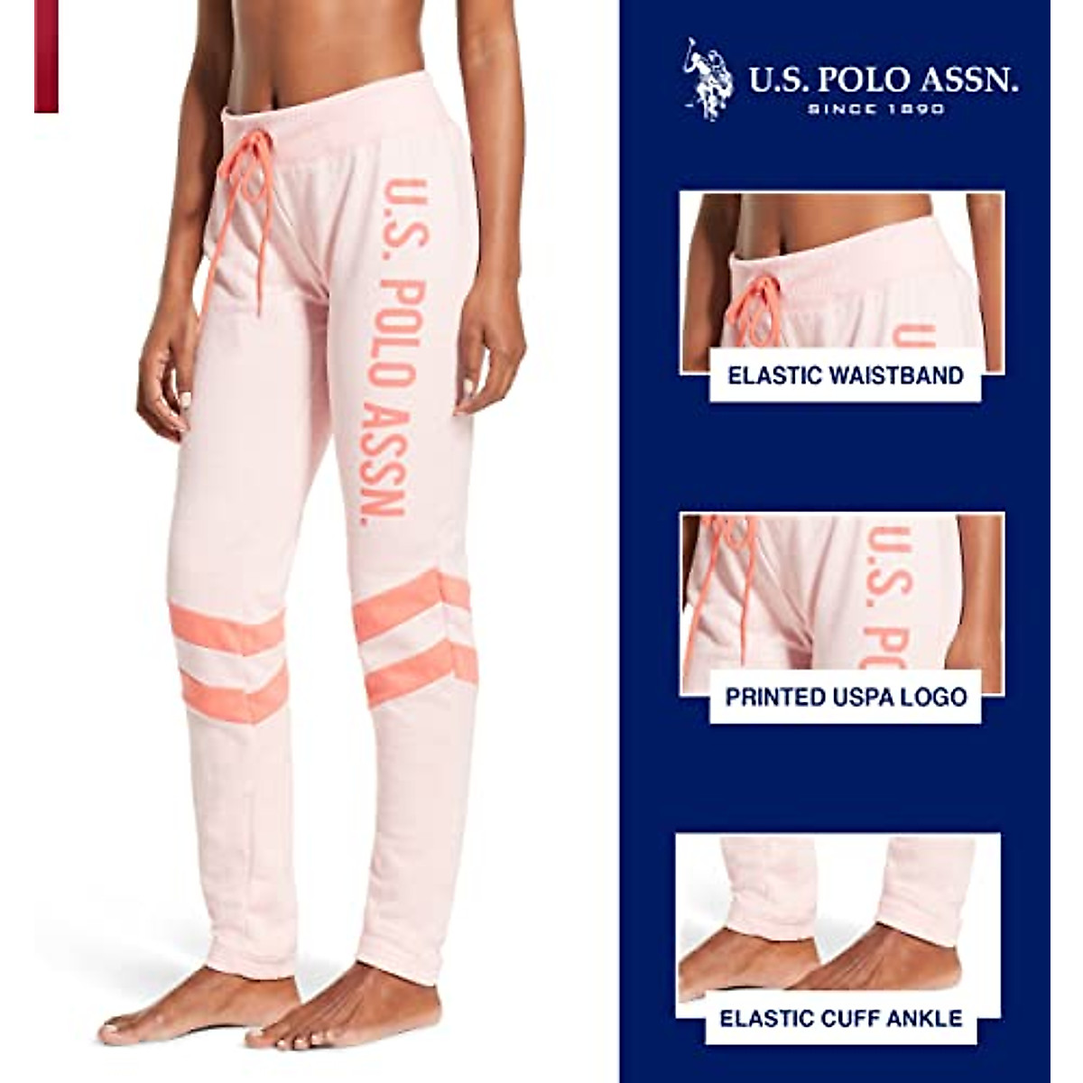 U.S. Polo Assn. Essentials Womens Sweatpants – Plus Size Loungewear (Light Pink Heather With Stripe, 2X)