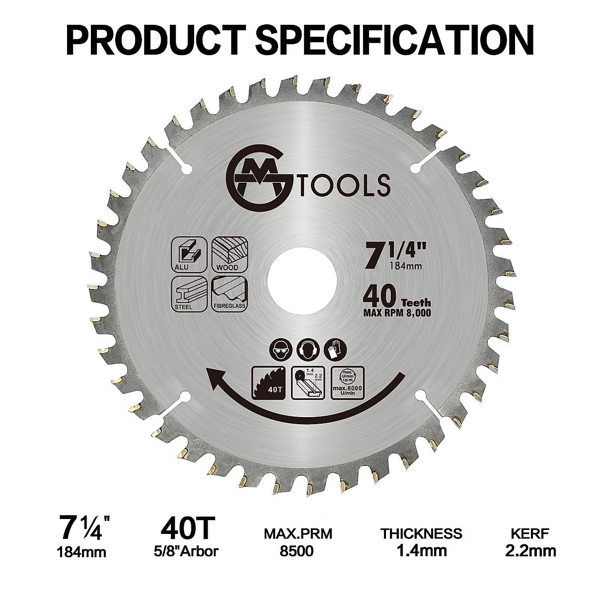 GMTOOLS 7-1/4 Inch 40 Teeth Carbide Tipped Circular Saw Blade with 5/8-Inch Arbor, Professional ATB Finishing Woodworking Saw Blade for Plywood, Laminate, Ripping Wood, Crosscuts Wood, 1-Pack