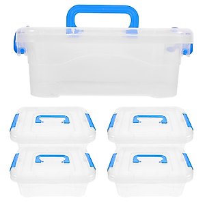 Zerodeko Storage Containers 5pcs Plastic Carrying Case with Handle, Transparent Desktop Storage Box Stackable Storage Bin with Lid Latching Clear Storage Bins Storage Box Ornament Storage