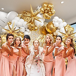 FOTIOMRG White and Gold Balloons Garland Arch Kit with 3pcs Starburst Balloons, Metallic Gold White for Wedding Engagement Baptism Bridal Shower Anniversary New Years Birthday Party Decorations